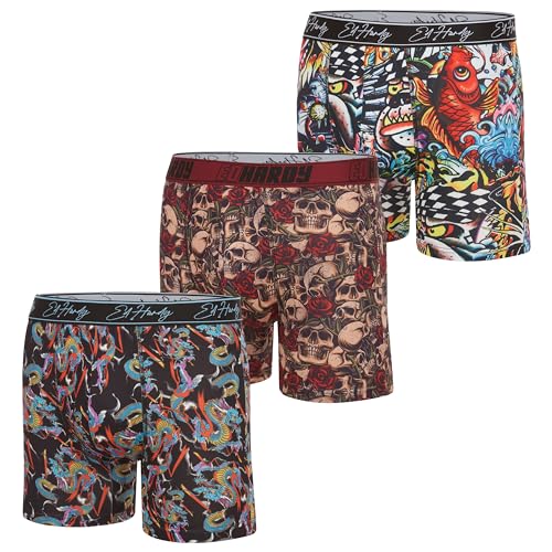 ED HARDY Men's Underwear Boxer Briefs - Comfortable, Breathable, Stylish Design 3 Pack, Dragon, Skulls, Tiger, Medium