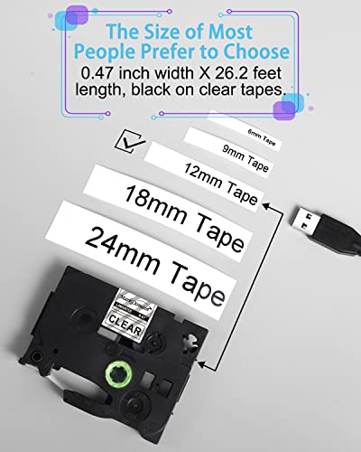 TZe131 P Touch Label Tape Clear 12mm Replacement for Brother Label Maker Tape Clear TZe-131 Laminated Black on Clear 0.47" x 26.2', Compatible with P Touch Label Maker PT-D210 H110 D220 D410, 4 Pack
