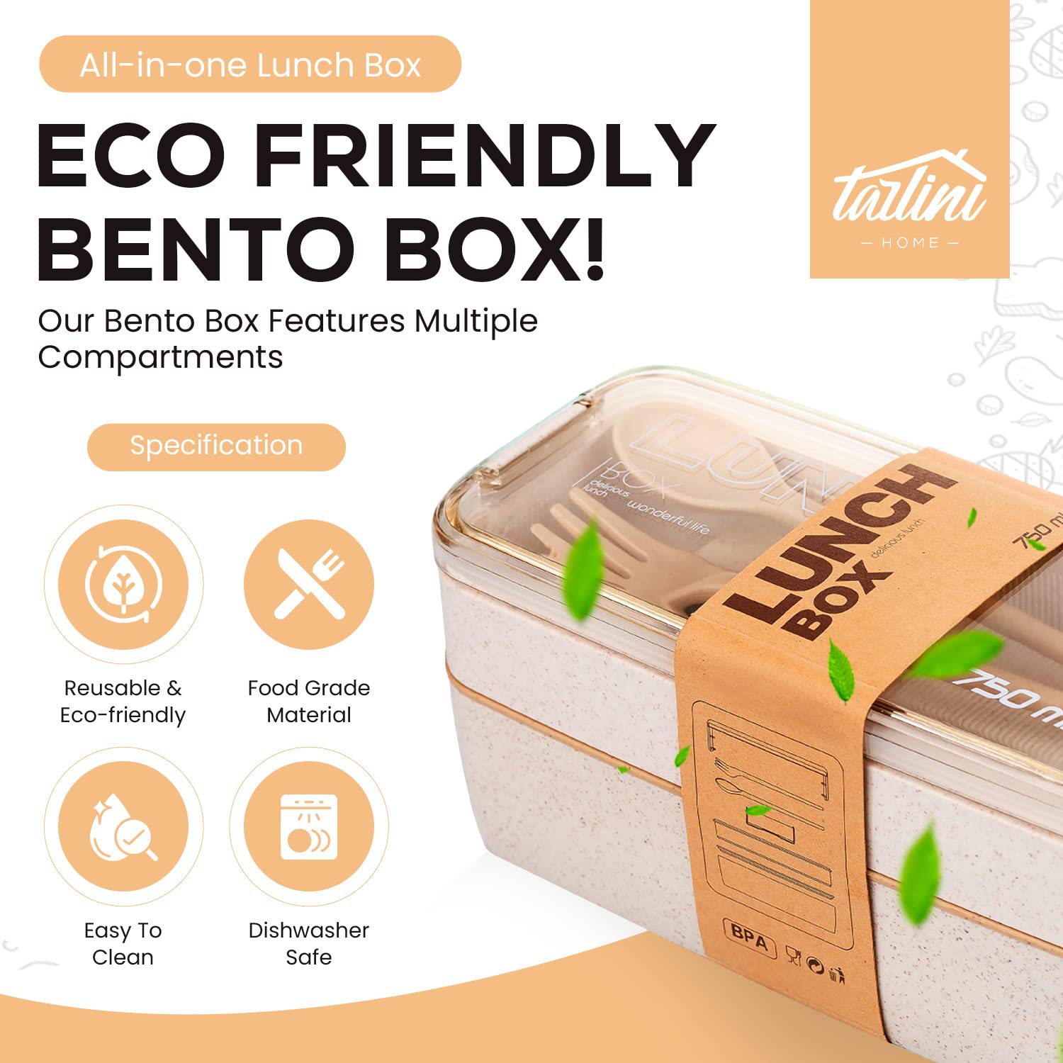 TARLINI Kids Bento Box | Leakproof Lunch Containers | Cute Lunch Boxes for Kids With Utensils, Chopsticks & Dividers | Bento Boxes for Adults, Dishwasher & Microwave Safe Japanese Bento