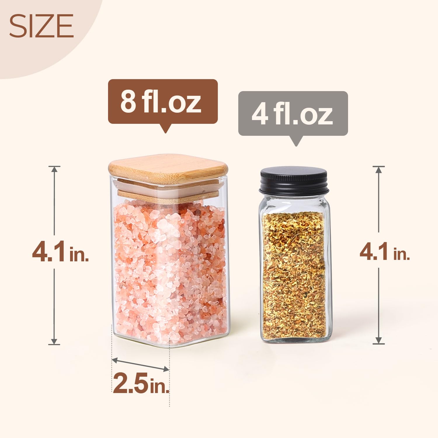 ComSaf 12Pcs Glass Spice Jars with Bamboo Lid, 8oz Airtight Square Spice Containers with 275 Black Lables, Empty Seasoning Jars for Spice Salt Sugar