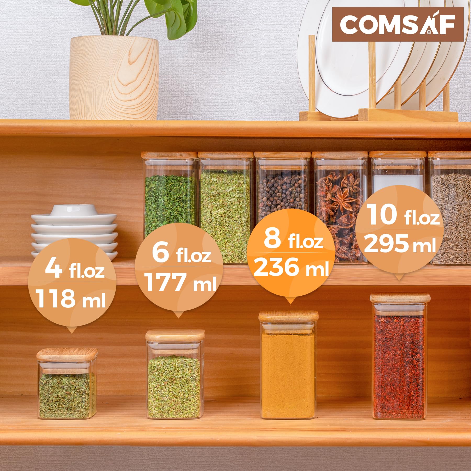 ComSaf 12Pcs Glass Spice Jars with Bamboo Lid, 8oz Airtight Square Spice Containers with 275 Black Lables, Empty Seasoning Jars for Spice Salt Sugar