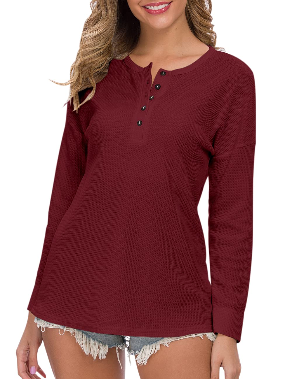 WNEEDU Women's Waffle Knit Tunic Tops Loose Long Sleeve Button Up V Neck Henley Shirts,Jujube Red XL