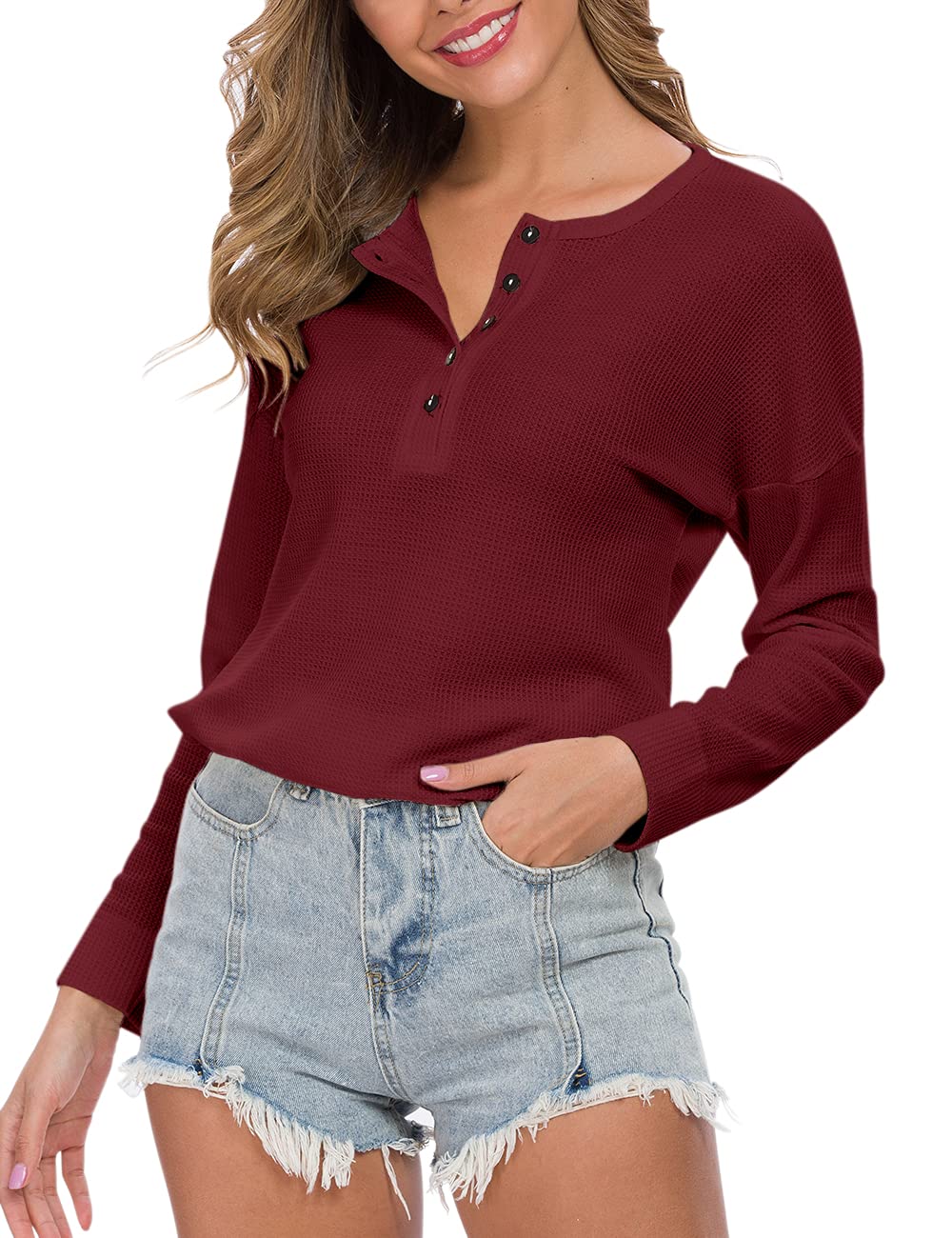 WNEEDU Women's Waffle Knit Tunic Tops Loose Long Sleeve Button Up V Neck Henley Shirts,Jujube Red XL
