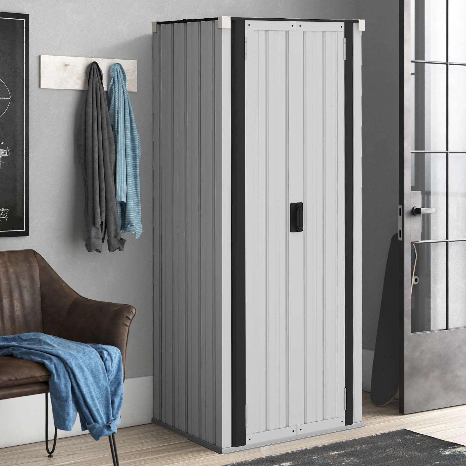 AECOJOY Outdoor Storage Cabinet Waterproof with Adjustable Shelves, Lockable Metal Outdoor Garden Storage Shed Organizer, Versatile for Garage, Backyard, or Indoor Use in White