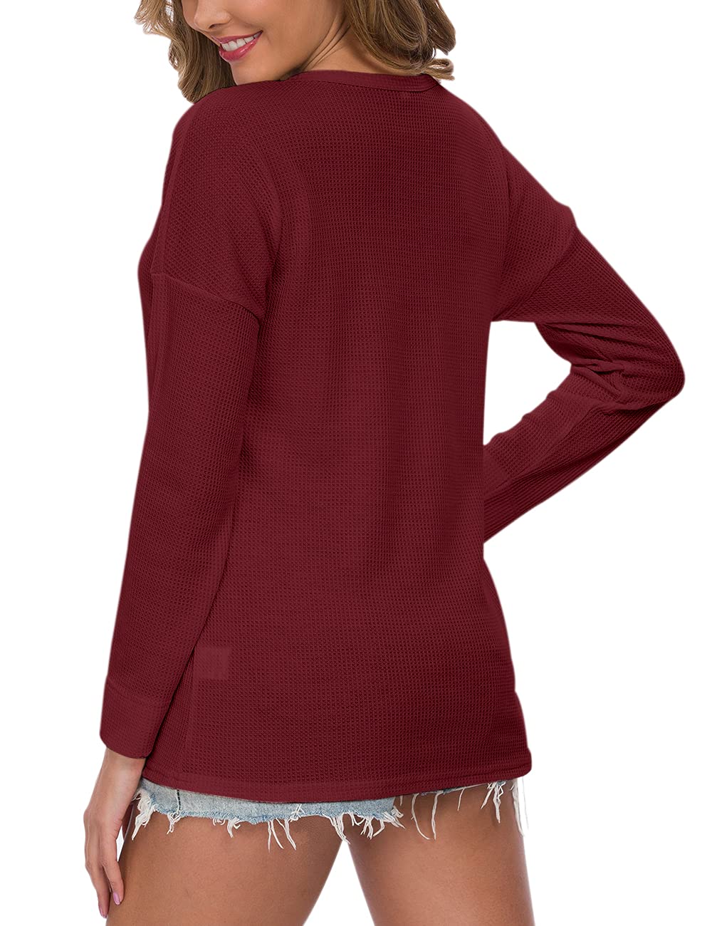 WNEEDU Women's Waffle Knit Tunic Tops Loose Long Sleeve Button Up V Neck Henley Shirts,Jujube Red XL