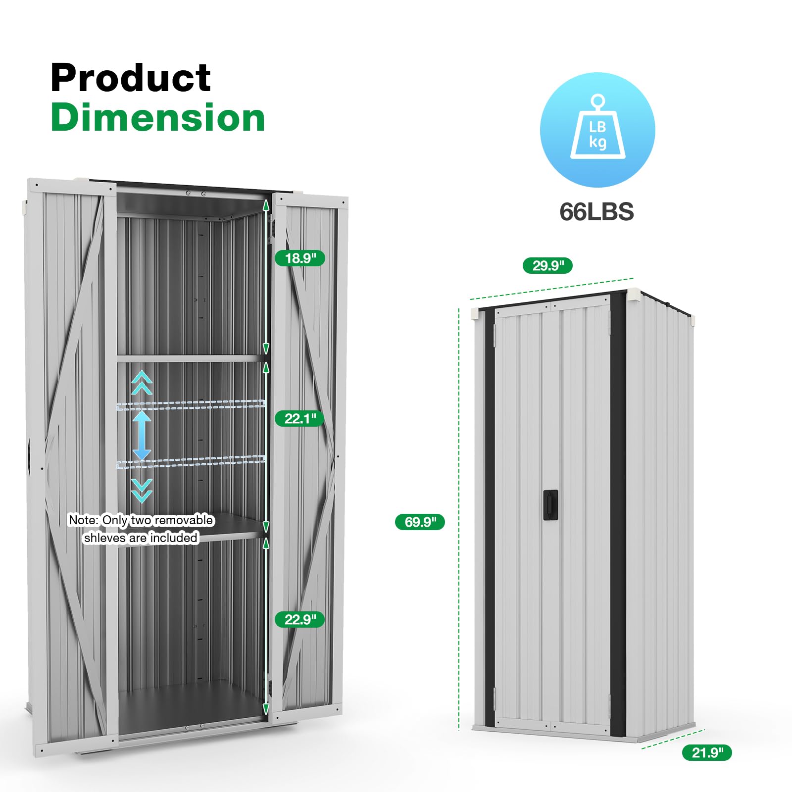 AECOJOY Outdoor Storage Cabinet Waterproof with Adjustable Shelves, Lockable Metal Outdoor Garden Storage Shed Organizer, Versatile for Garage, Backyard, or Indoor Use in White