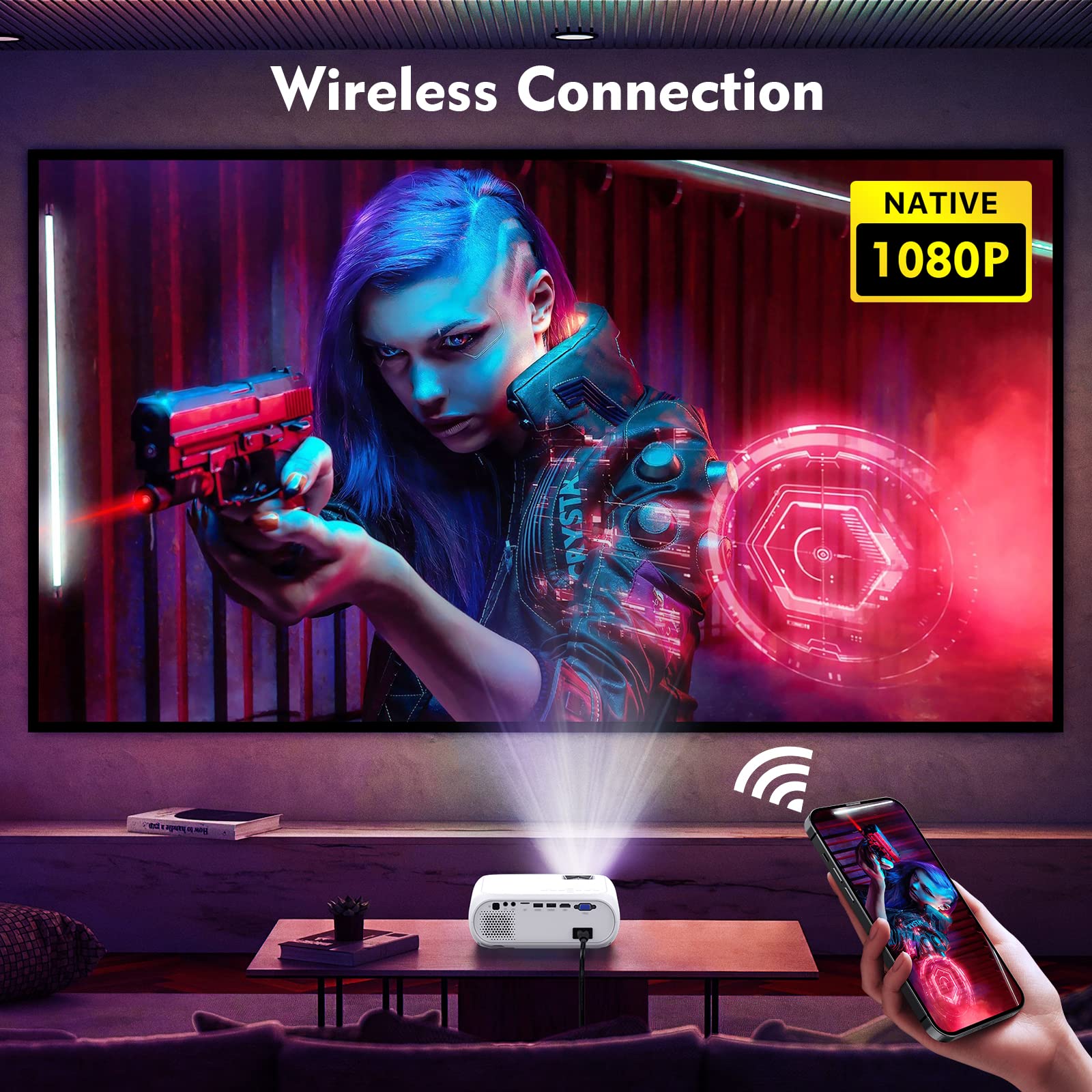 Mini Projector, FUNTUSPIC-Ci Best Phone Projector 2022 Upgraded Native 1080P with 8500L, WiFi Projector Compatible with iOS/Android Phone/Tablet/Laptop/TV Stick/USB/PS4 [100" Screen Included]