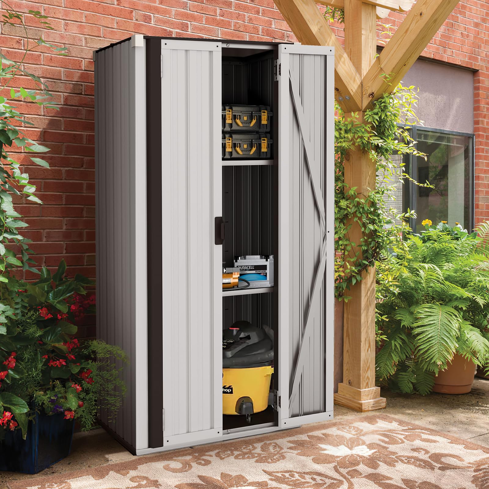 AECOJOY Outdoor Storage Cabinet Waterproof with Adjustable Shelves, Lockable Metal Outdoor Garden Storage Shed Organizer, Versatile for Garage, Backyard, or Indoor Use in White