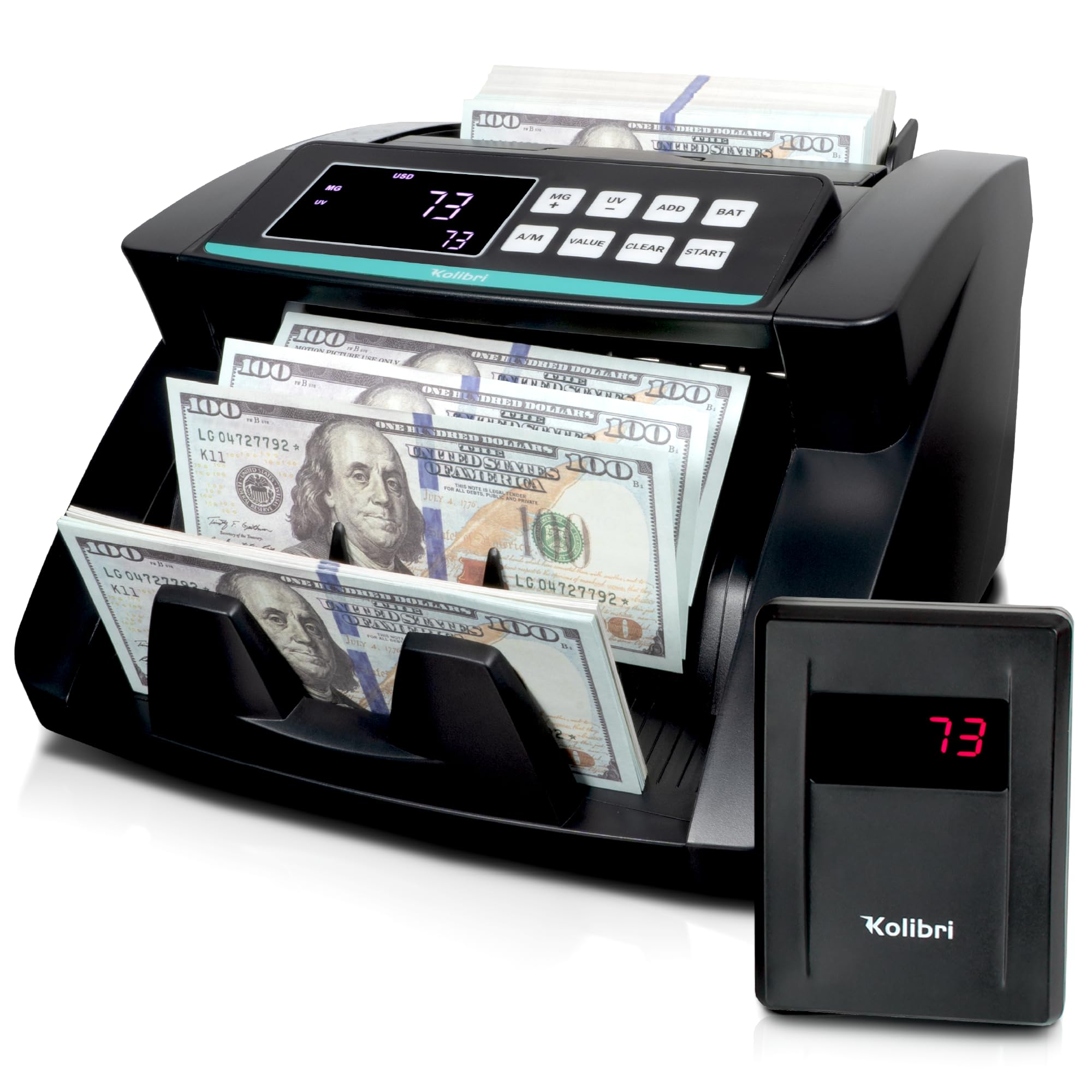 Kolibri Money Counter Machine - 1,500 bills per min, advanced counterfeit detection, set up in minutes, Add and Batch Modes, Cash Counter with LCD Display,3-year warranty - 24/7 US customer support
