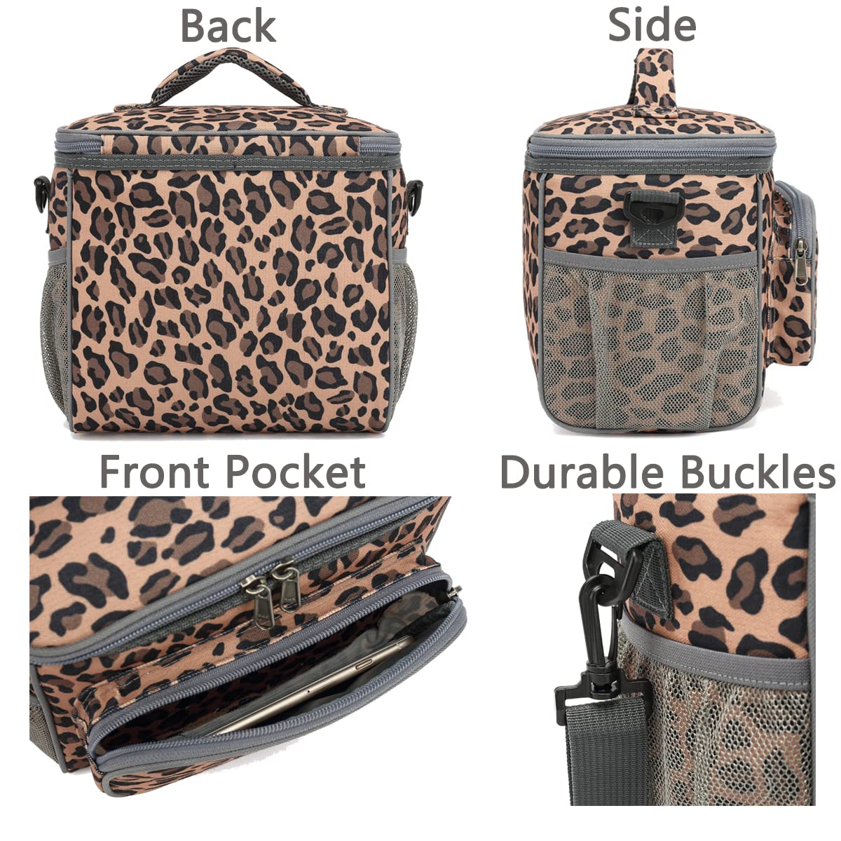 FlowFly Insulated Reusable Lunch Bag Adult Large Lunch Box for Women and Men with Adjustable Shoulder Strap,Front Zipper Pocket and Dual Large Mesh Side Pockets, Leopard