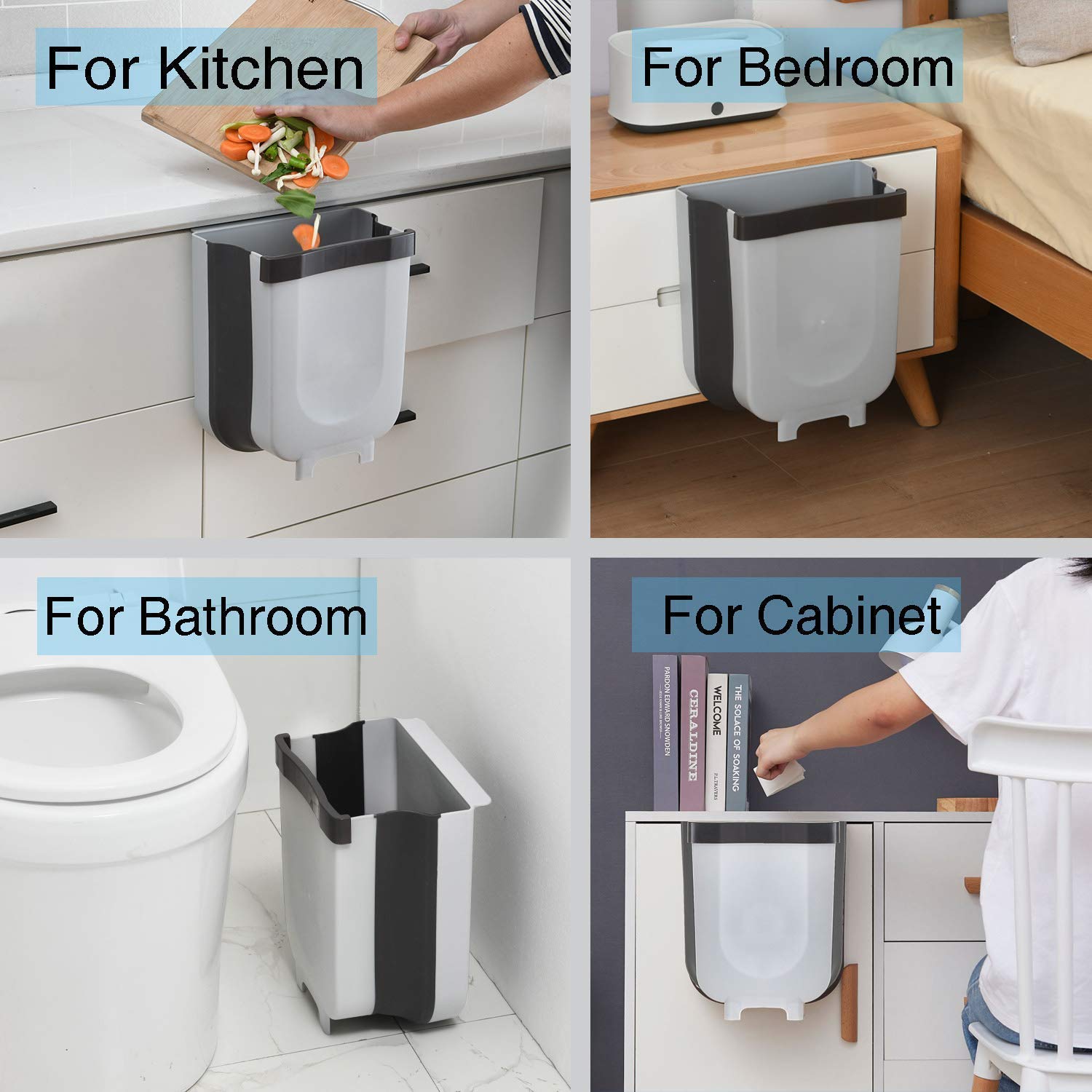 Kitchen Hanging Trash can for Kitchen Cabinet Door 9L/2.4 Gallon Collapsible Foldable Compact Garbage Bins Trash Holder with Trash Bags for Bedroom Office Portable Home & Outdoor Garbage Can (Coffee)