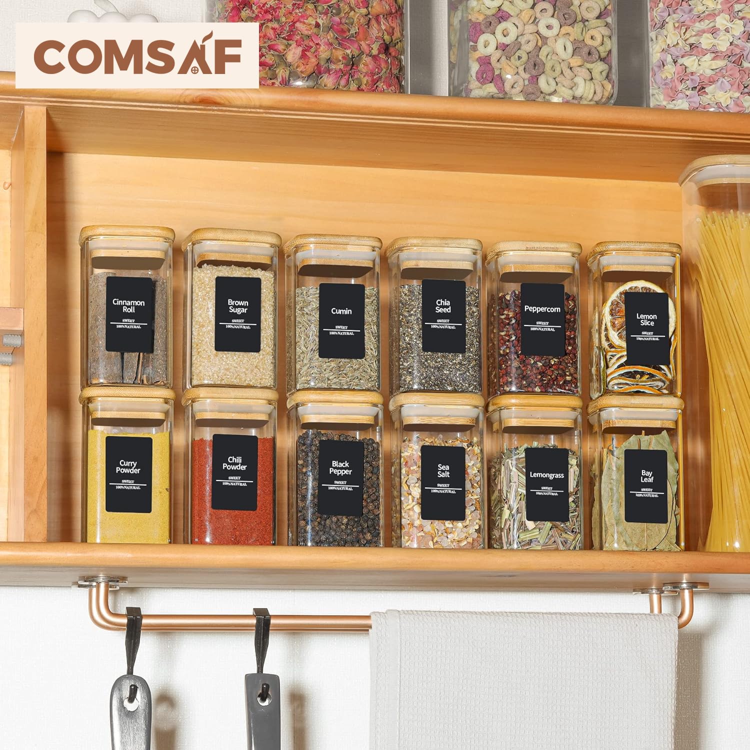 ComSaf 12Pcs Glass Spice Jars with Bamboo Lid, 8oz Airtight Square Spice Containers with 275 Black Lables, Empty Seasoning Jars for Spice Salt Sugar