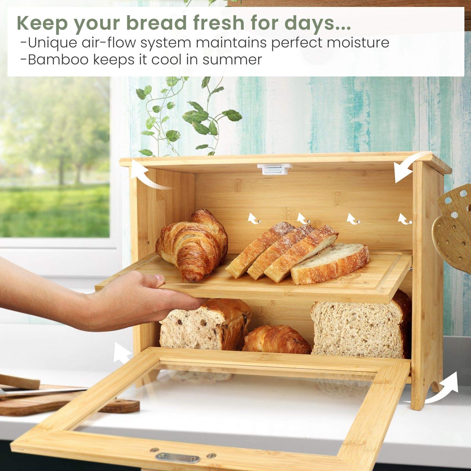 Pristine Bamboo Bread Box for Kitchen Countertop - Double Layer Bread Storage Bin with Clear Windows - Rustic Farmhouse Style Bread Bin, Wooden Large Capacity Bamboo Food Storage Bin (Self-Assembly)