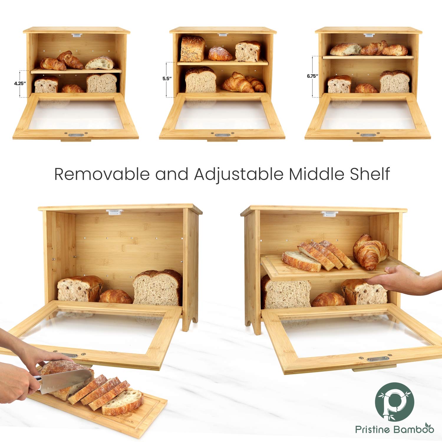 Pristine Bamboo Bread Box for Kitchen Countertop - Double Layer Bread Storage Bin with Clear Windows - Rustic Farmhouse Style Bread Bin, Wooden Large Capacity Bamboo Food Storage Bin (Self-Assembly)