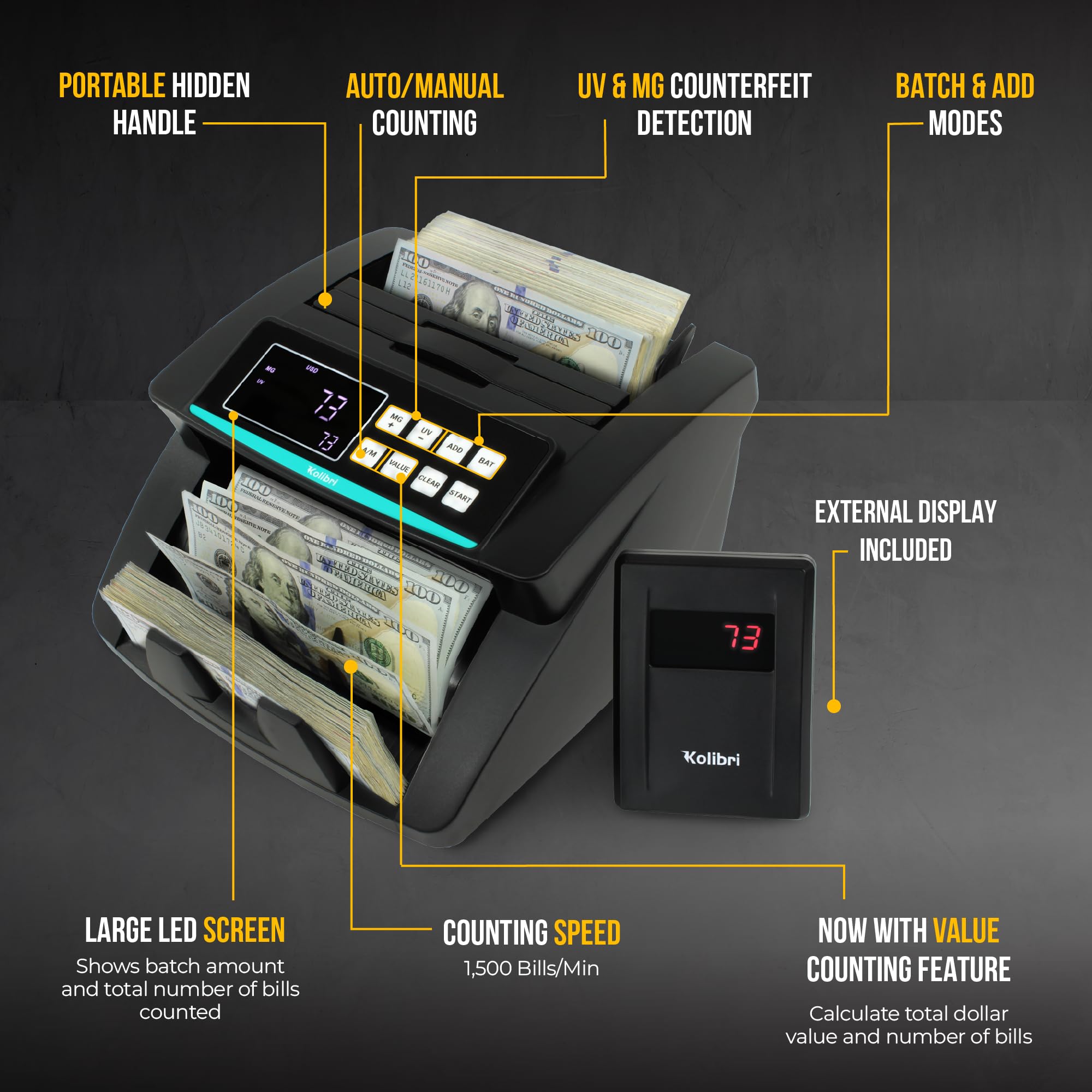 Kolibri Money Counter Machine - 1,500 bills per min, advanced counterfeit detection, set up in minutes, Add and Batch Modes, Cash Counter with LCD Display,3-year warranty - 24/7 US customer support