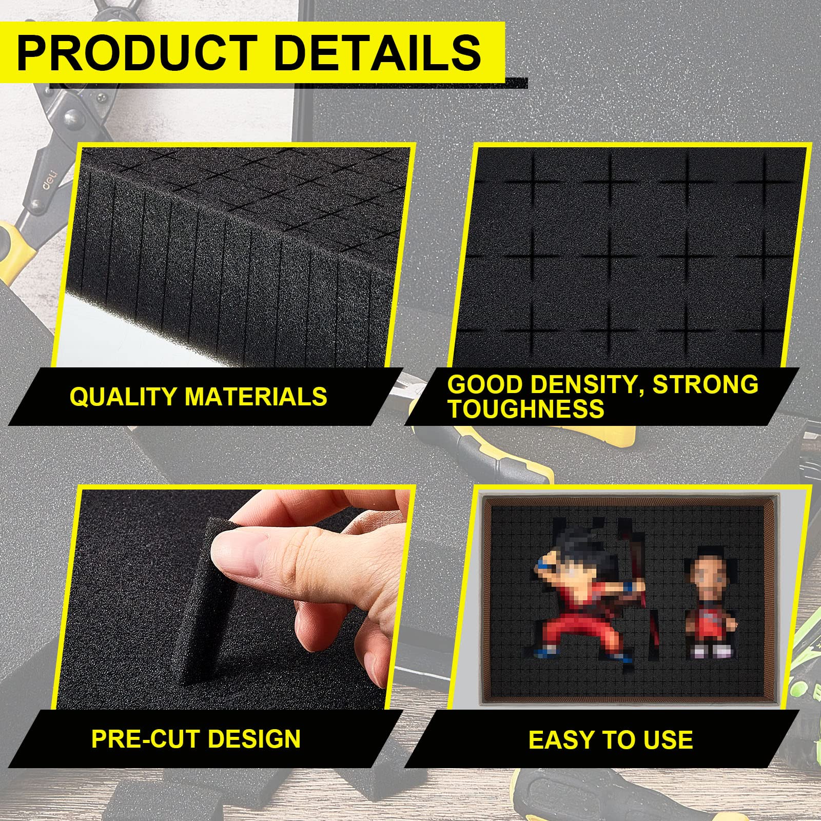 2 Pieces Pre Cubed Foam Tray Customizable Foam Insert Black Pluck Foam Insert for Interlocking Cases, 30 x 30 x 5 Cm/ 11.81 x 11.81 x 1.97 Inches