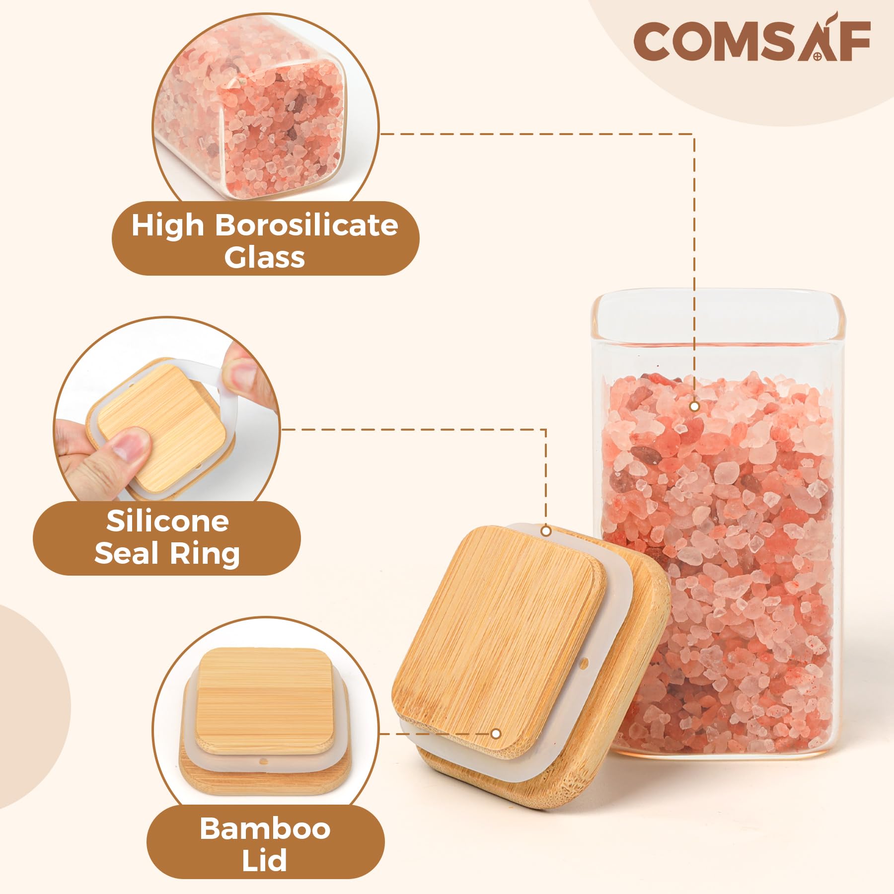 ComSaf 12Pcs Glass Spice Jars with Bamboo Lid, 8oz Airtight Square Spice Containers with 275 Black Lables, Empty Seasoning Jars for Spice Salt Sugar