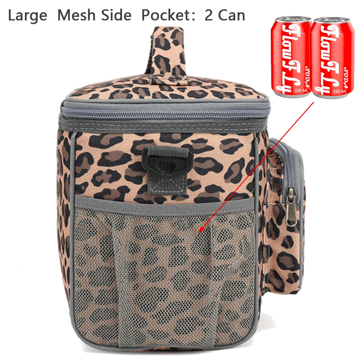 FlowFly Insulated Reusable Lunch Bag Adult Large Lunch Box for Women and Men with Adjustable Shoulder Strap,Front Zipper Pocket and Dual Large Mesh Side Pockets, Leopard