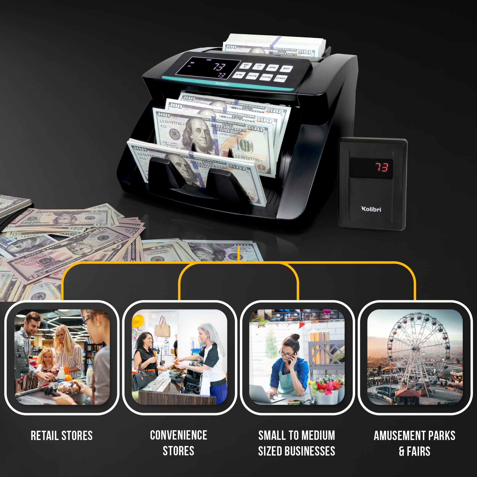 Kolibri Money Counter Machine - 1,500 bills per min, advanced counterfeit detection, set up in minutes, Add and Batch Modes, Cash Counter with LCD Display,3-year warranty - 24/7 US customer support