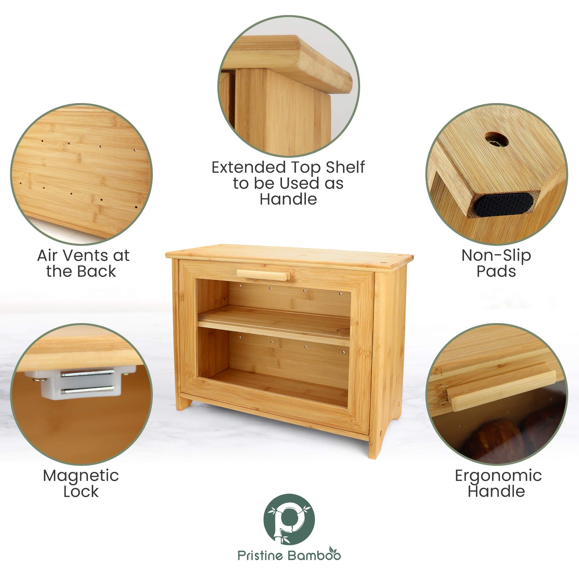 Pristine Bamboo Bread Box for Kitchen Countertop - Double Layer Bread Storage Bin with Clear Windows - Rustic Farmhouse Style Bread Bin, Wooden Large Capacity Bamboo Food Storage Bin (Self-Assembly)