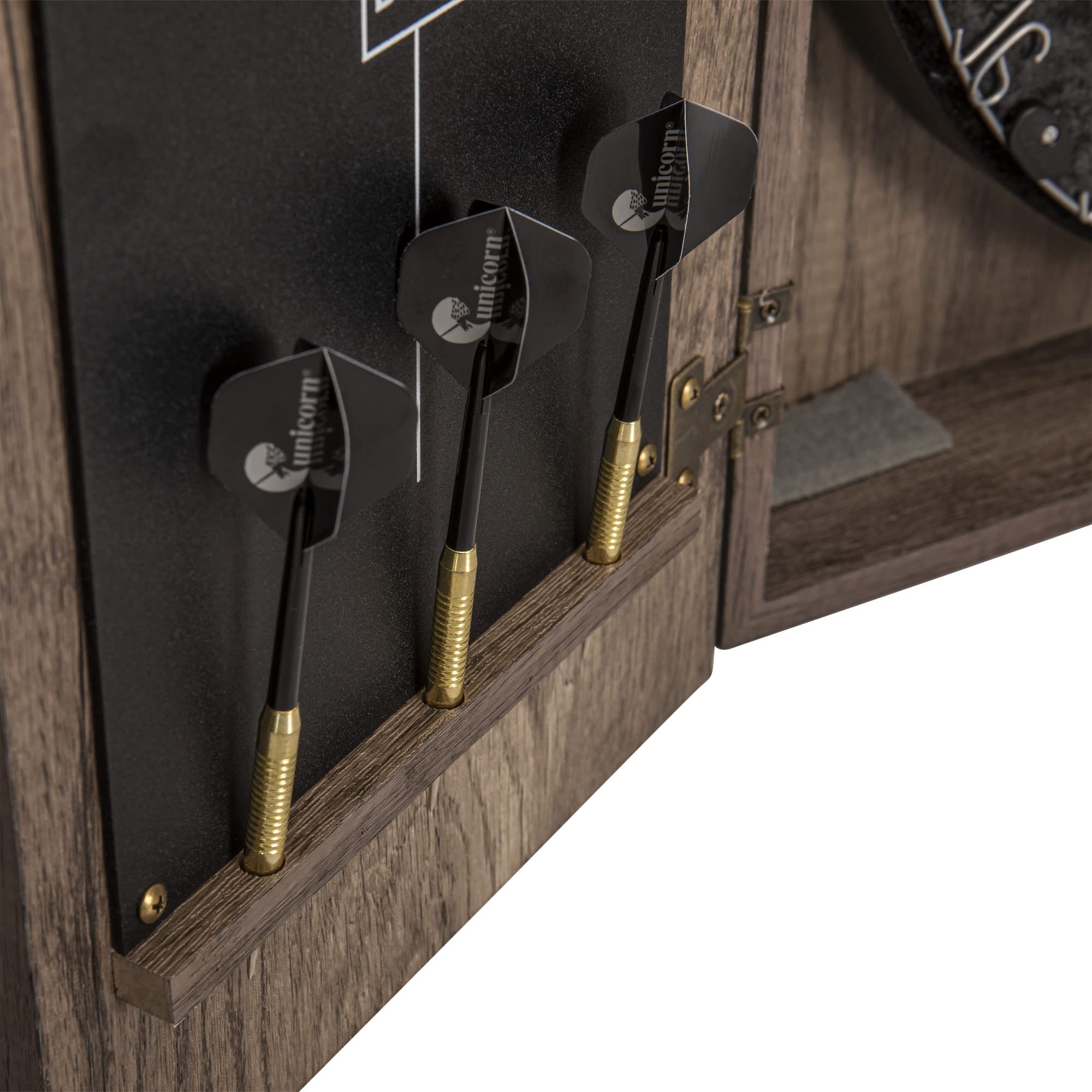 Unicorn LED Bristle Dartboard Cabinet Set - LED Tournament-Style Lighting - Official Size Dartboard - Woodgrain Finish Cabinet with Chalk Scoreboards - Includes Six Steel Tip Darts, Brown