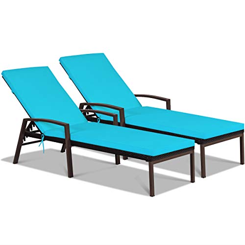 Tangkula 2 PCS Patio Rattan Chaise Lounge Chair, Outdoor Reclining Chaise with Cushion and Armrest, Wicker Sun Lounger with Adjustable Backrest for Garden, Balcony, Poolside (Turquoise)