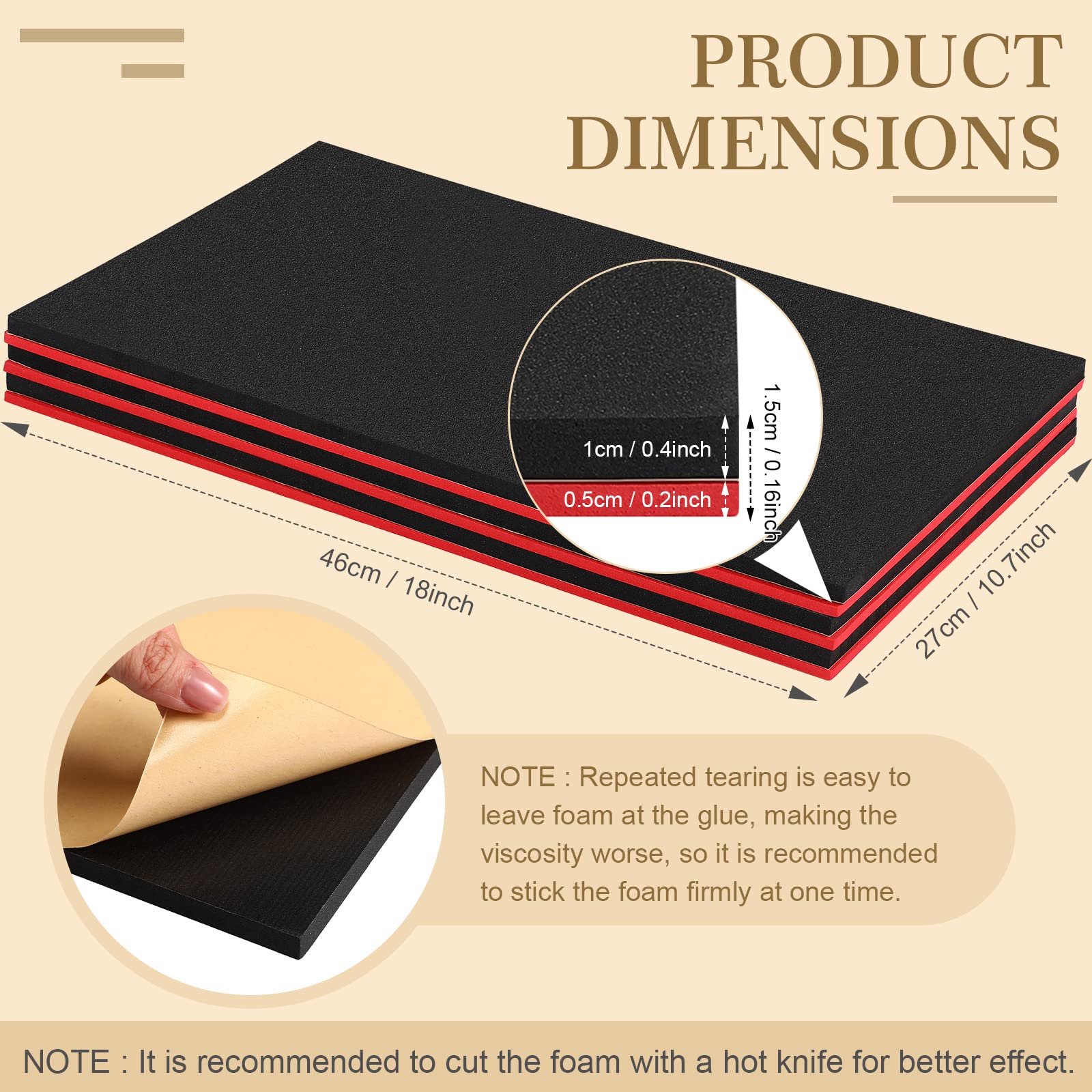3 Sets Tool Box Shadow Foam Organizers Liner Adjustable Inserts Foam Non Slip Liner Mat for Tool Box, Cabinet and Chest Drawers, Black Top and Red Bottom(10.7 x 18 Inch)