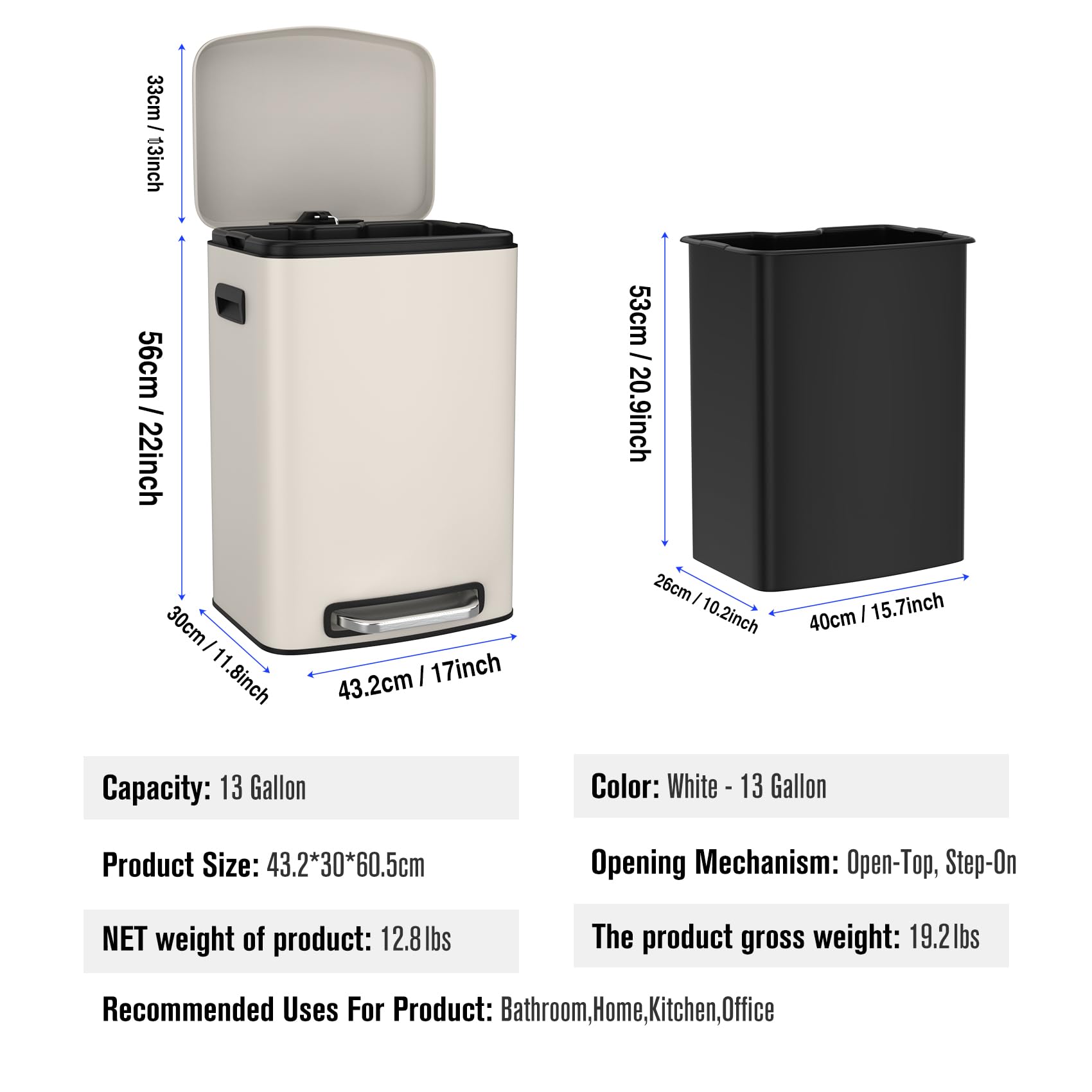 Pouseayar 13 Gallon Stainless Steel Foot Pedal Trash Can with Soft Close Lid, White, 13"L x 17"W x 23.46"H