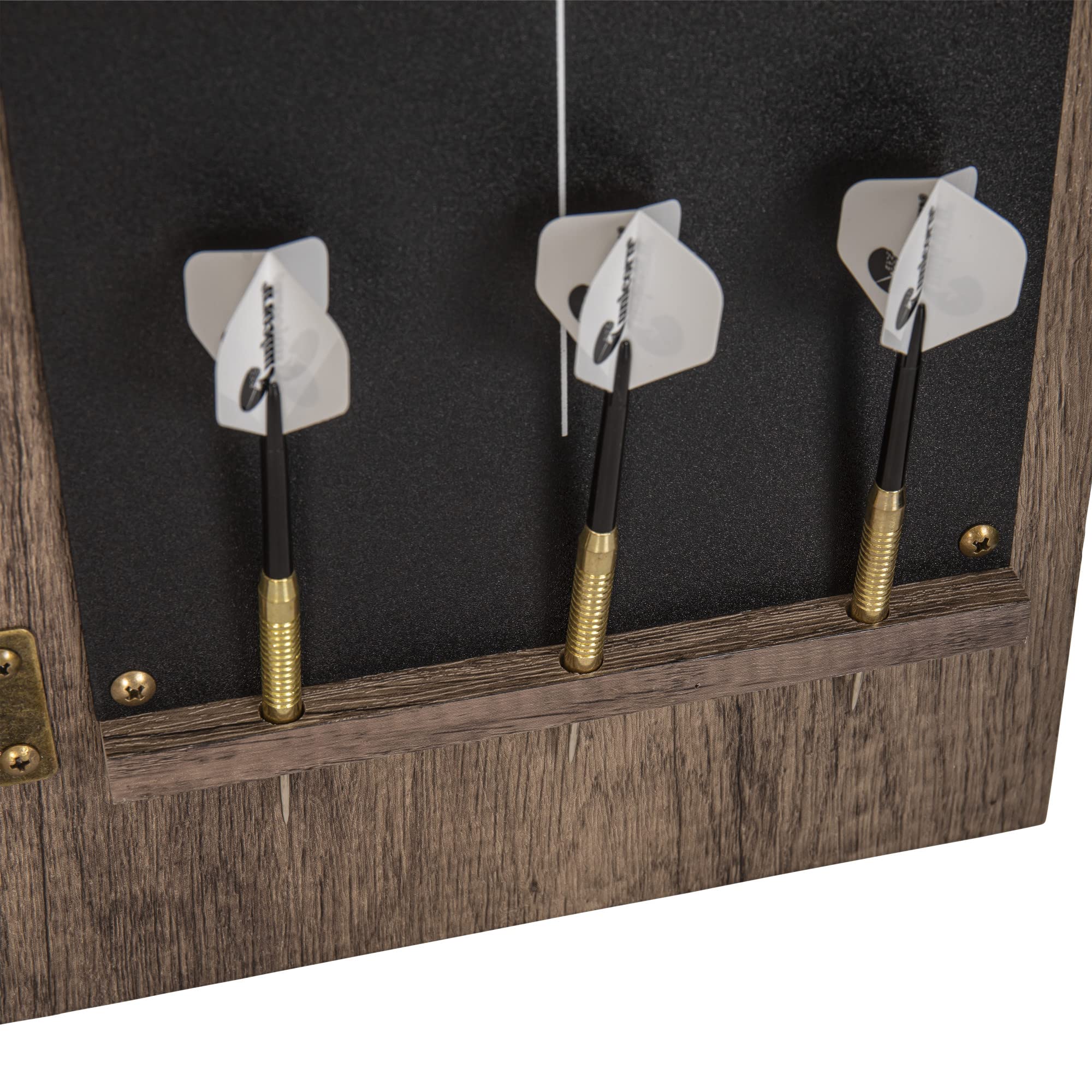 Unicorn LED Bristle Dartboard Cabinet Set - LED Tournament-Style Lighting - Official Size Dartboard - Woodgrain Finish Cabinet with Chalk Scoreboards - Includes Six Steel Tip Darts, Brown