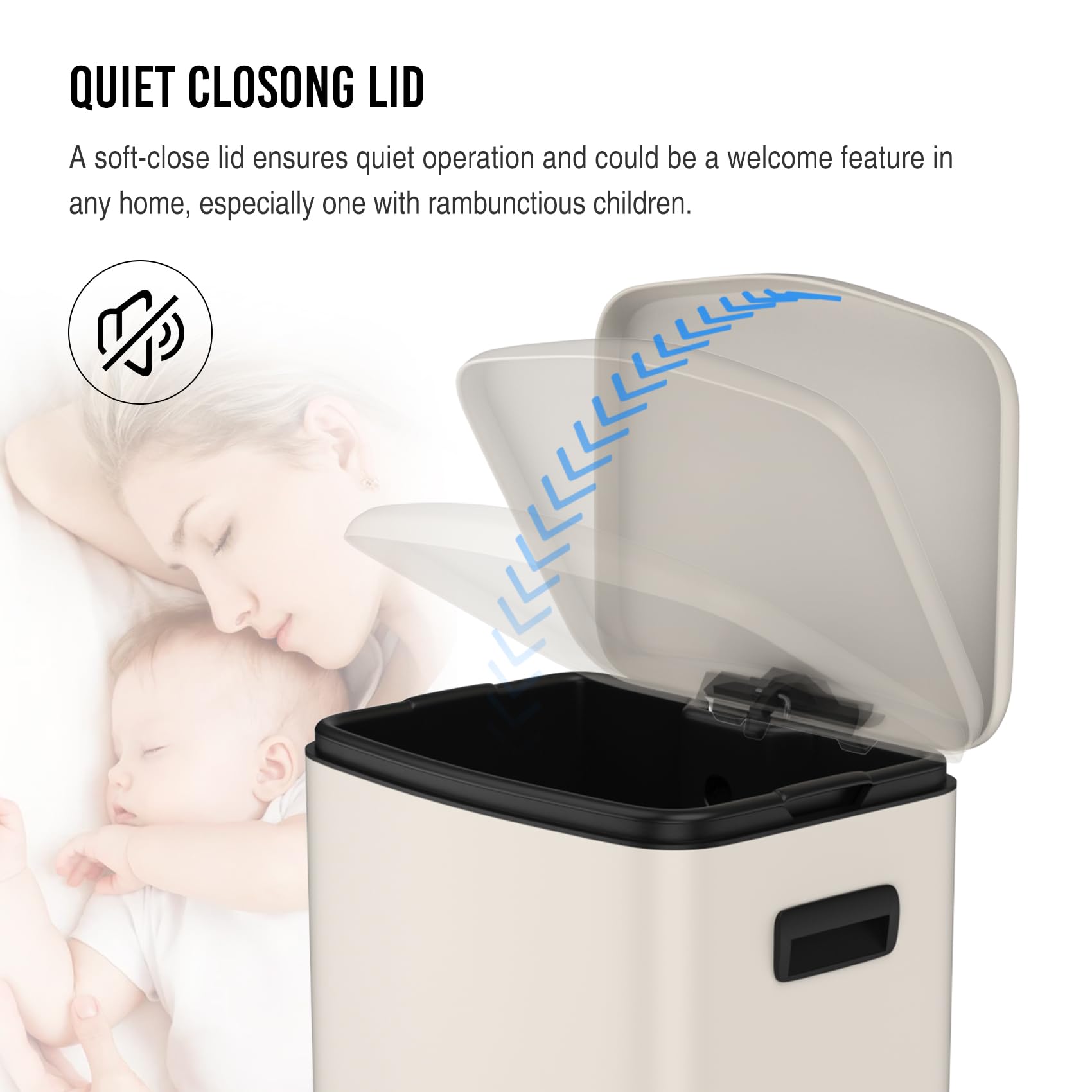 Pouseayar 13 Gallon Stainless Steel Foot Pedal Trash Can with Soft Close Lid, White, 13"L x 17"W x 23.46"H