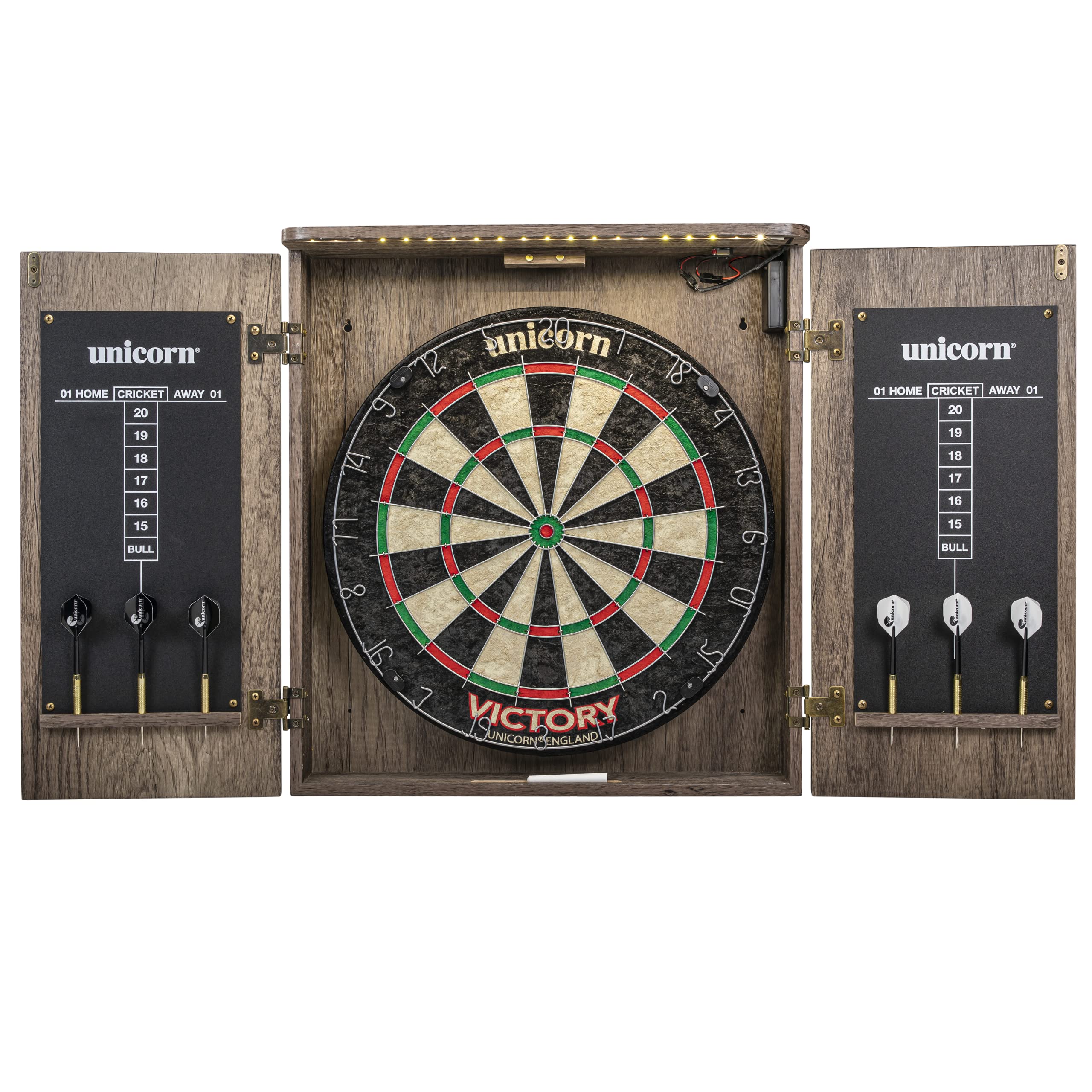 Unicorn LED Bristle Dartboard Cabinet Set - LED Tournament-Style Lighting - Official Size Dartboard - Woodgrain Finish Cabinet with Chalk Scoreboards - Includes Six Steel Tip Darts, Brown