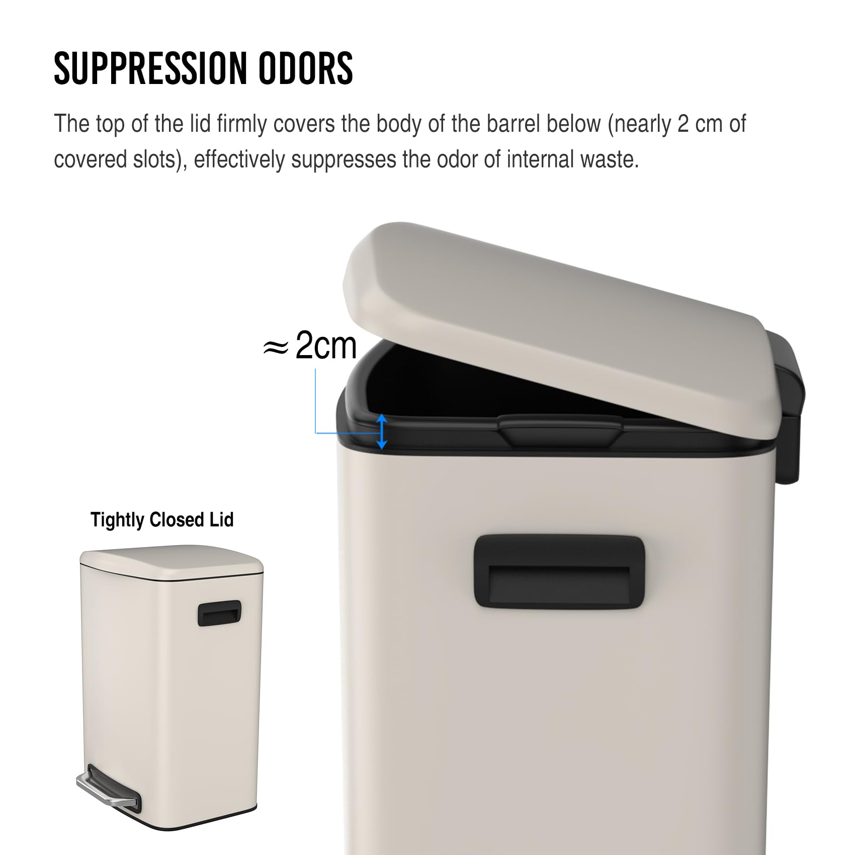 Pouseayar 13 Gallon Stainless Steel Foot Pedal Trash Can with Soft Close Lid, White, 13"L x 17"W x 23.46"H