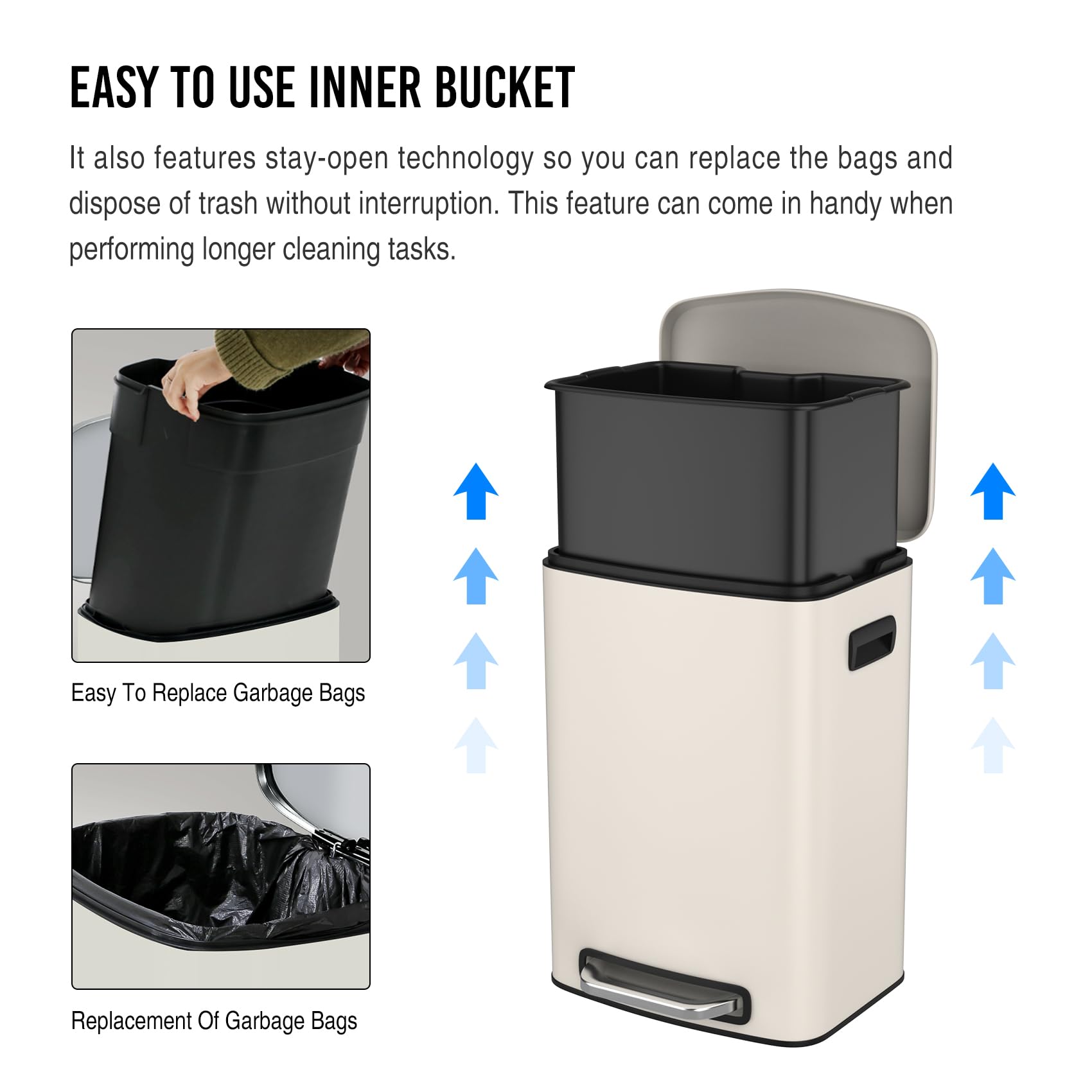 Pouseayar 13 Gallon Stainless Steel Foot Pedal Trash Can with Soft Close Lid, White, 13"L x 17"W x 23.46"H