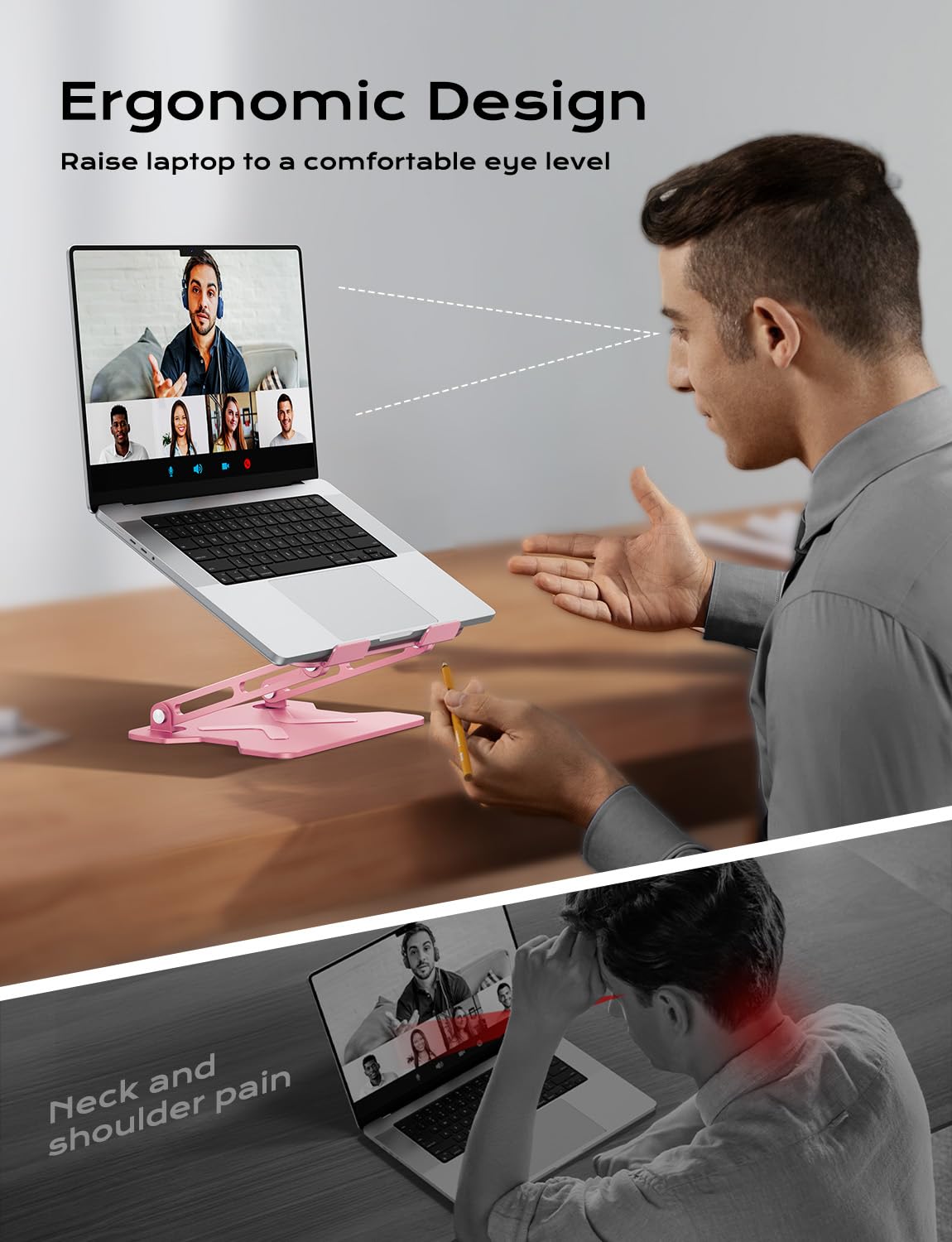 JCZT Adjustable Laptop Stand for Desk, Portable Laptop Riser, Aluminum Laptop Stand Foldable, Ergonomic Computer Notebook Stand Holder for MacBook Air Pro, Dell, HP 10-16'', Rose Pink