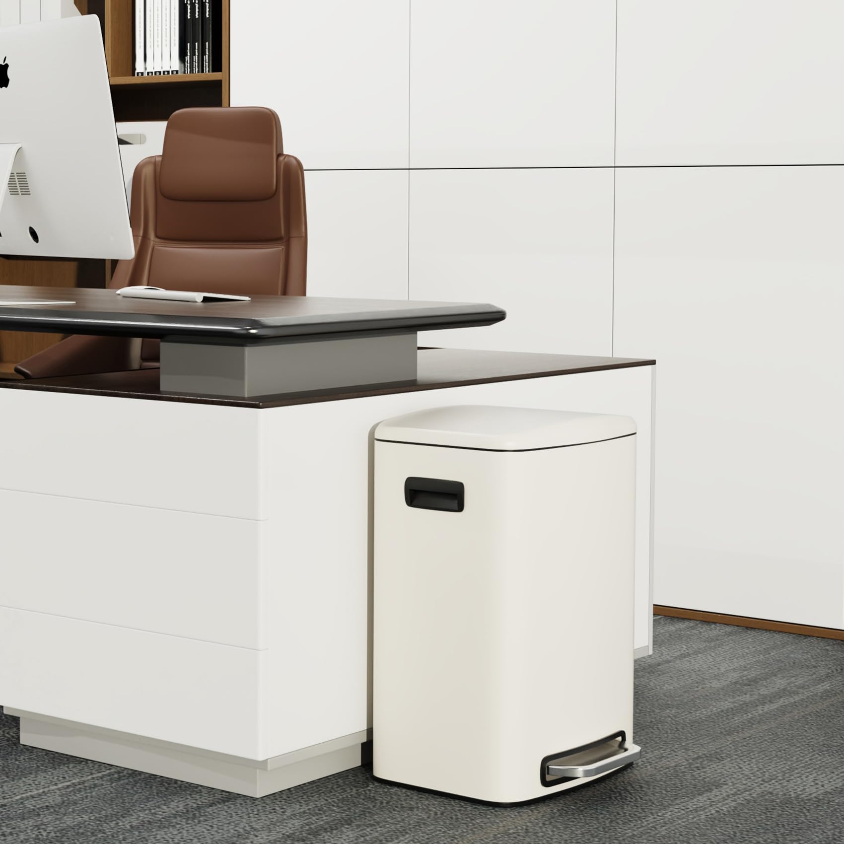 Pouseayar 13 Gallon Stainless Steel Foot Pedal Trash Can with Soft Close Lid, White, 13"L x 17"W x 23.46"H