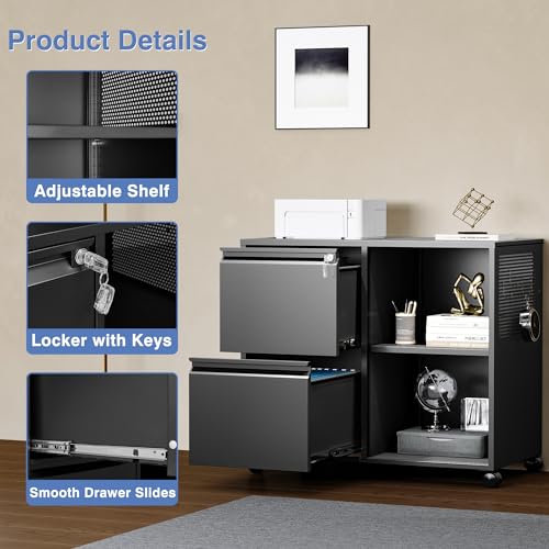 LISSIMO Lateral File Cabinet,2 Drawer Mobile Storage Cabinet with Lock fits A4 or Letter Size for Home Office,Rolling Printer Stand with Open Storage Adjustabl Shelves(Black)