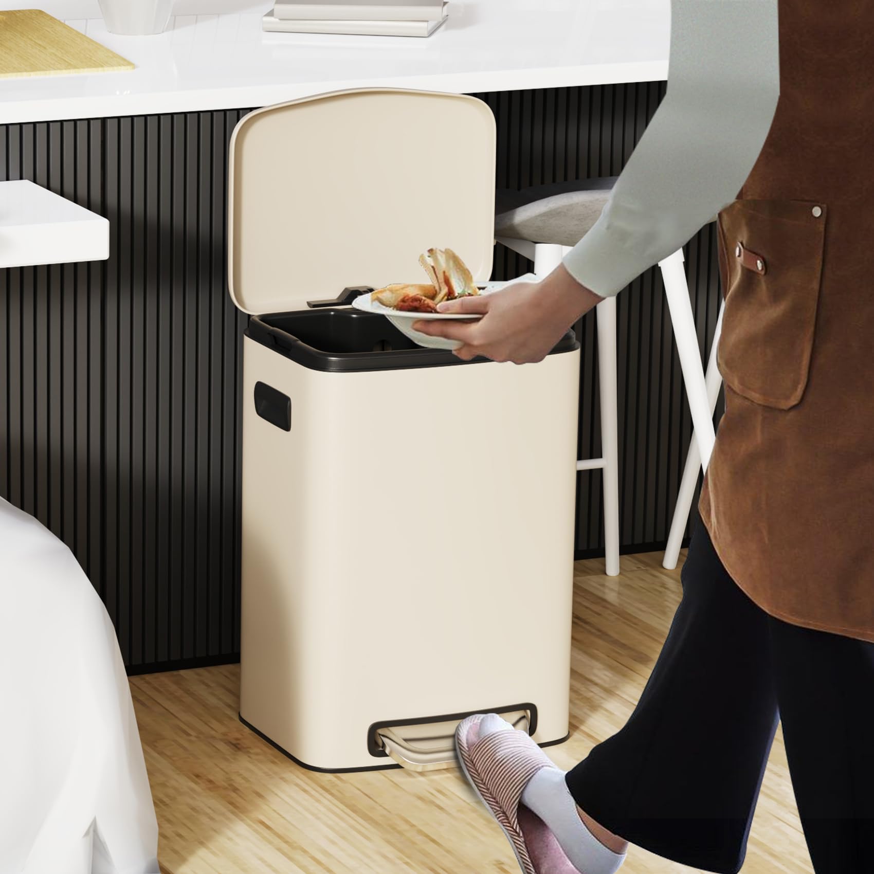 Pouseayar 13 Gallon Stainless Steel Foot Pedal Trash Can with Soft Close Lid, White, 13"L x 17"W x 23.46"H