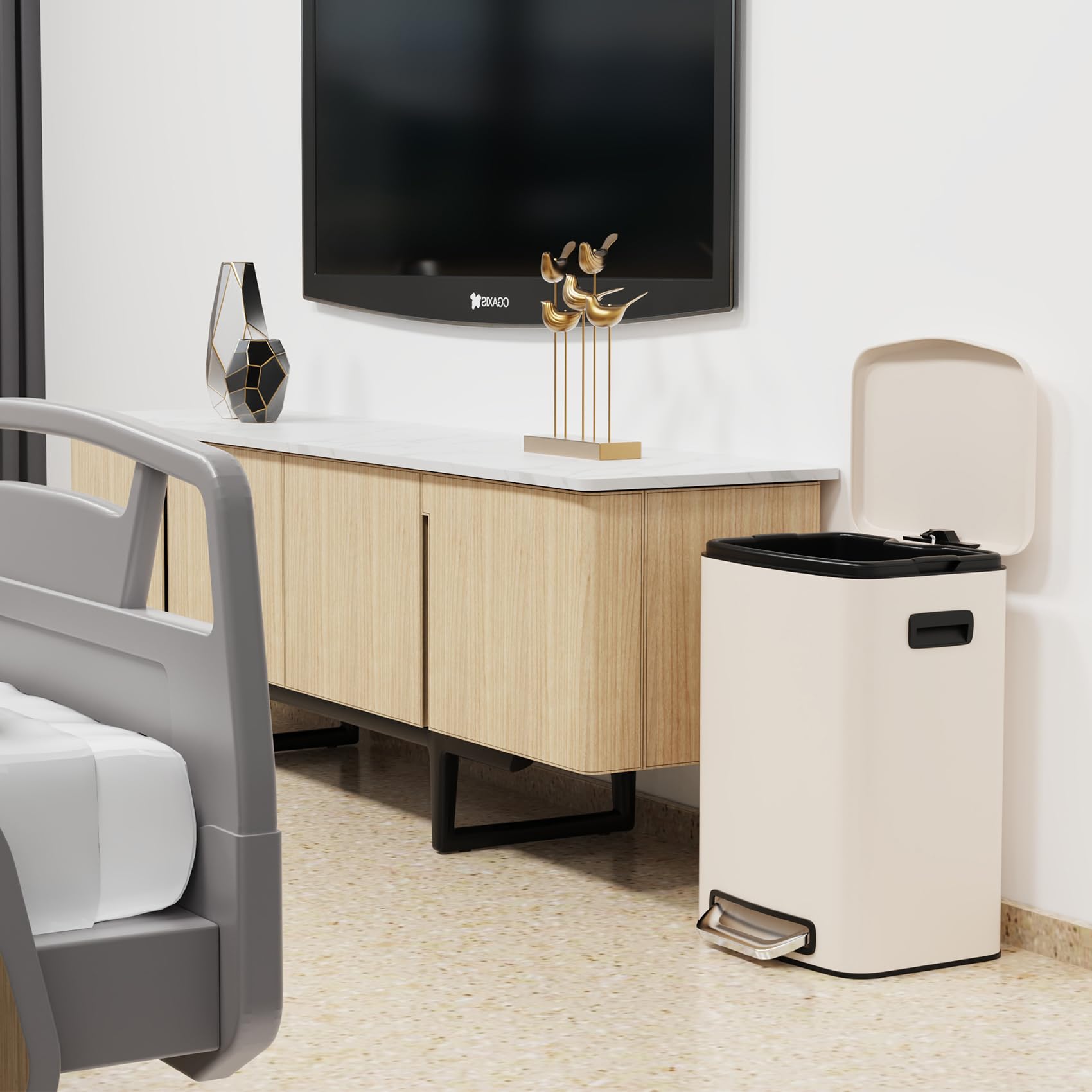 Pouseayar 13 Gallon Stainless Steel Foot Pedal Trash Can with Soft Close Lid, White, 13"L x 17"W x 23.46"H