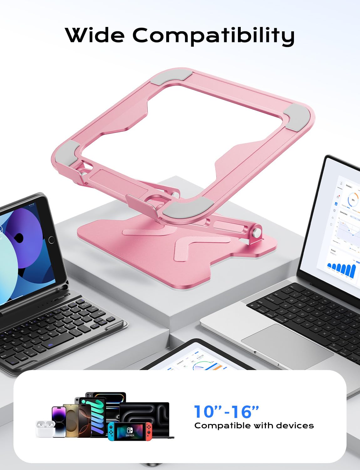 JCZT Adjustable Laptop Stand for Desk, Portable Laptop Riser, Aluminum Laptop Stand Foldable, Ergonomic Computer Notebook Stand Holder for MacBook Air Pro, Dell, HP 10-16'', Rose Pink