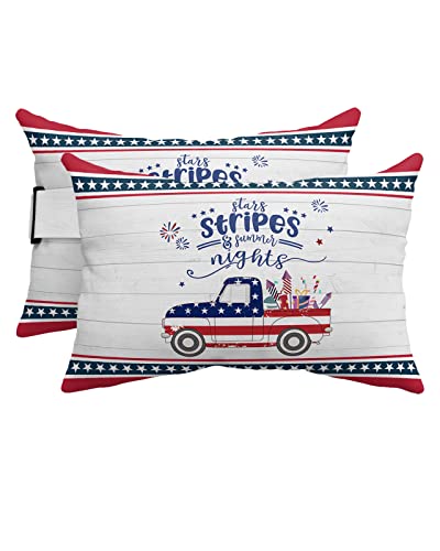 Recliner Head Pillow Ledge Loungers Chair Pillows with Insert 4th of July Truck Red and Blue Stripes Wood Lumbar Pillow with Adjustable Strap Outdoor Waterproof Patio Pillows for Beach Pool, 2 PCS