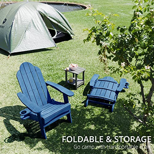 LUE BONA Folding Adirondack Chair Set of 4, Navy Poly Fire Pit Adirondack Chair Weather Resistant, Modern Plastic Adirondack Patio Chairs with Cup Holder, 320LBS, Outdoor Chairs for Pool Porch Beach
