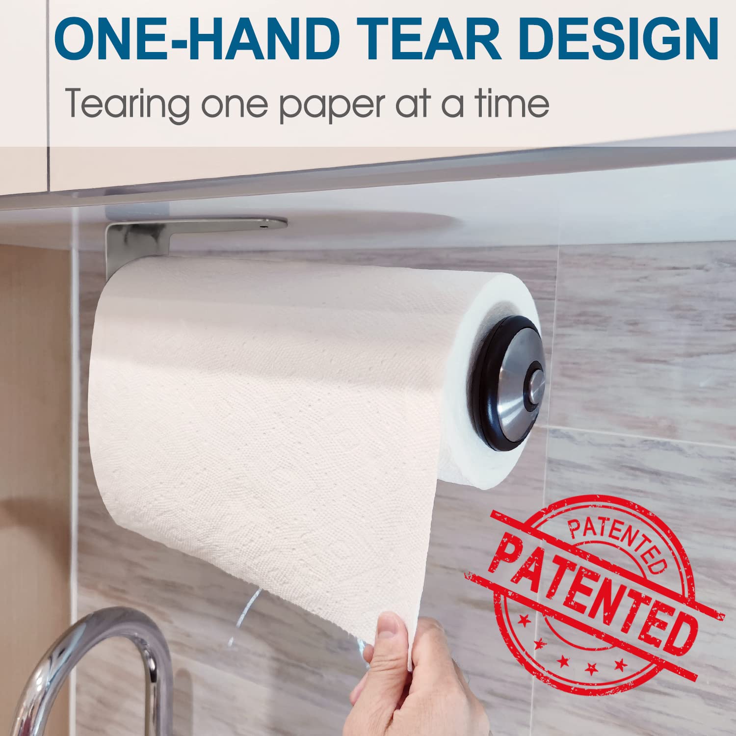 Paper Towel Holder Single Hand Tear - Upgraded Patented Signice Paper Towel Holder Under Cabinet Self Adhesive Towel Holders Wall Mount Hanging Counter Paper Towels Holder Rack for Kitchen (Stainless)