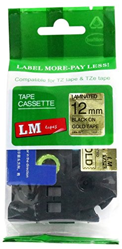 LM Tapes - Brother PT-1180 1/2" (12mm 0.47 Laminated) Black on Gold Compatible TZe P-Touch Tape for Brother Model PT1180 Label Maker with Free Tape Guide Included