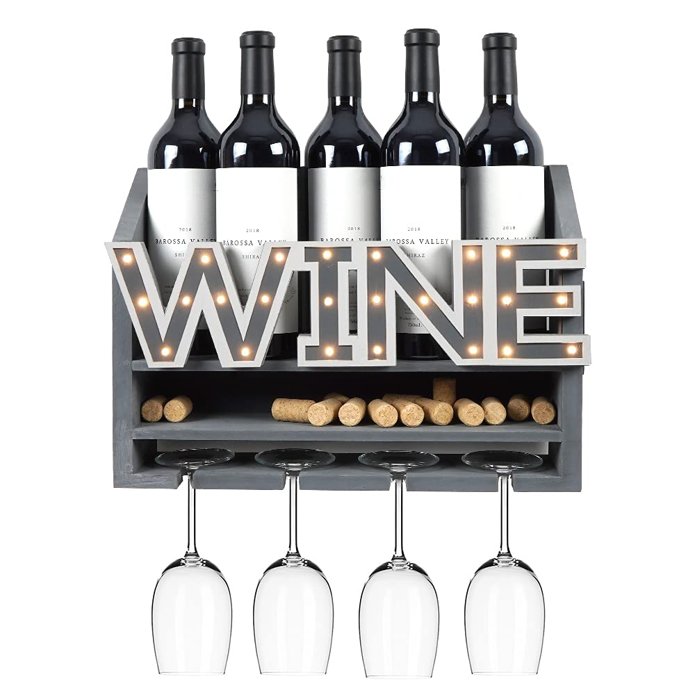 Shikha LED Wooden Wall Mounted Wine Rack and Glass Holder –Rustic Wine Bottle & Glass Holder & Wine Cork Storage Modern Home Decor 5 Bottle and 4 Glass Holder
