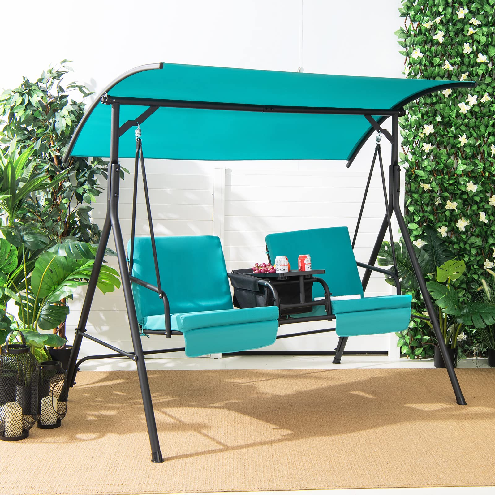 Tangkula 2 Person Porch Swing, Outdoor Swing with Pivot Storage Table, Cooler Bag, 2 Cup Holders, Removable Cushions, Patio Swing with Canopy for Backyard Balcony Poolside (Turquoise)