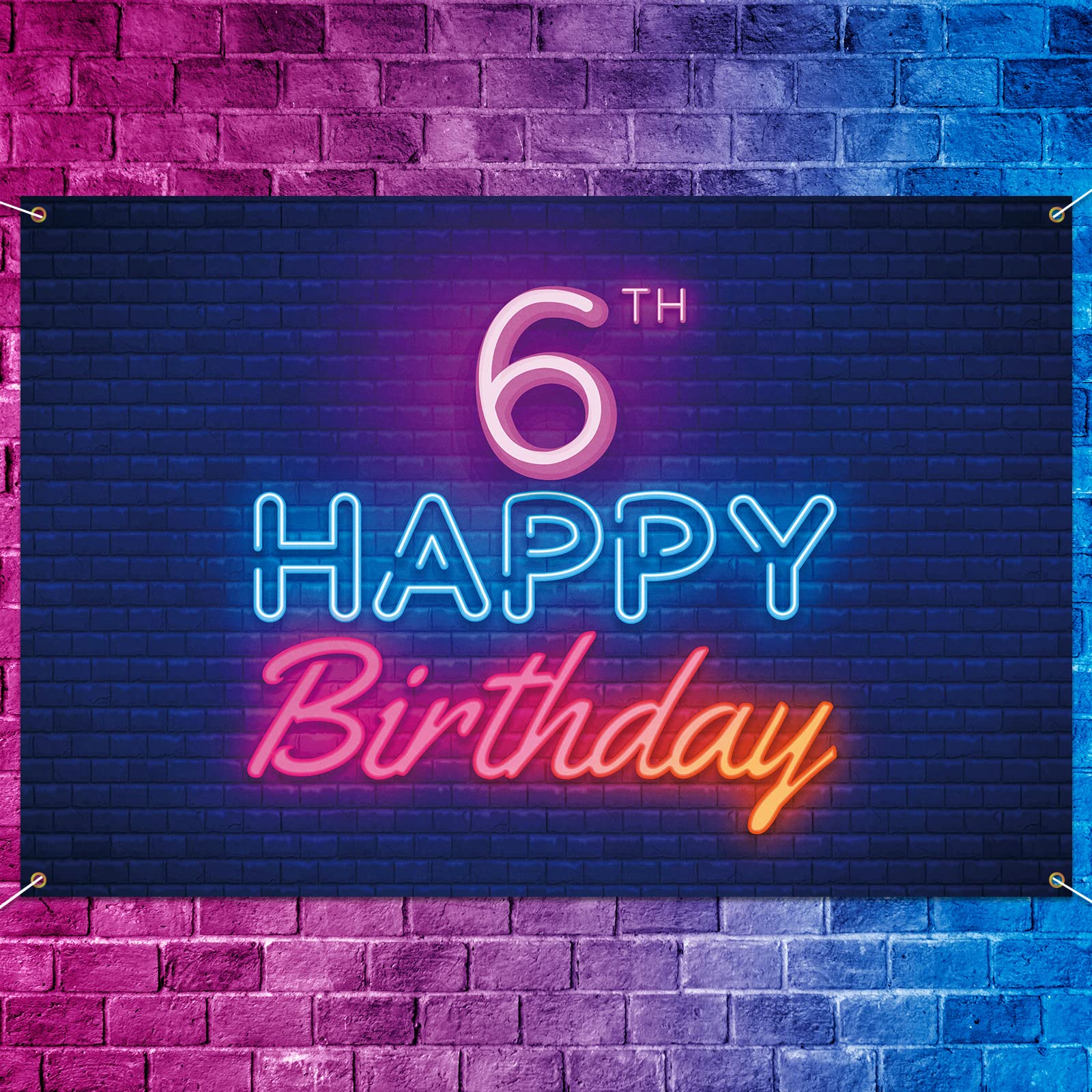 Glow Neon Happy 6th Birthday Backdrop Banner Decor Black – Colorful Glowing 6 Years Old Birthday Party Theme Decorations for Boys Girls Supplies