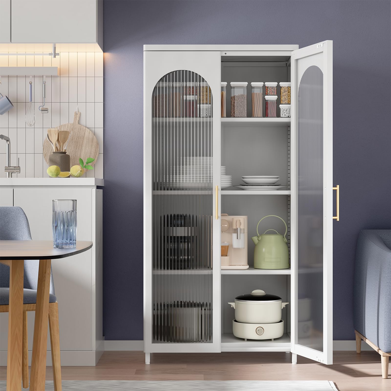 4-Tier Glass Cabinet, Metal Kitchen Pantry Cabinet with Tempered Glass Doors, Modern Accent Cabinet with Doors, Kitchen Cabinet with Adjustable Feet & Shelves, Bar Cabinet, White Pantry ļ¼Whiteļ¼