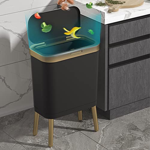Doyingus Trash Can with Lid, 3.3 Gal Plastic Garbage Can with Legs, Slim Waste Basket with Push Button for Kitchen Bathroom (Black)
