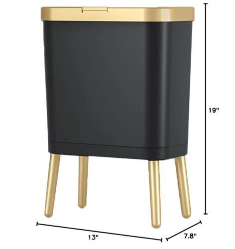 Doyingus Trash Can with Lid, 3.3 Gal Plastic Garbage Can with Legs, Slim Waste Basket with Push Button for Kitchen Bathroom (Black)