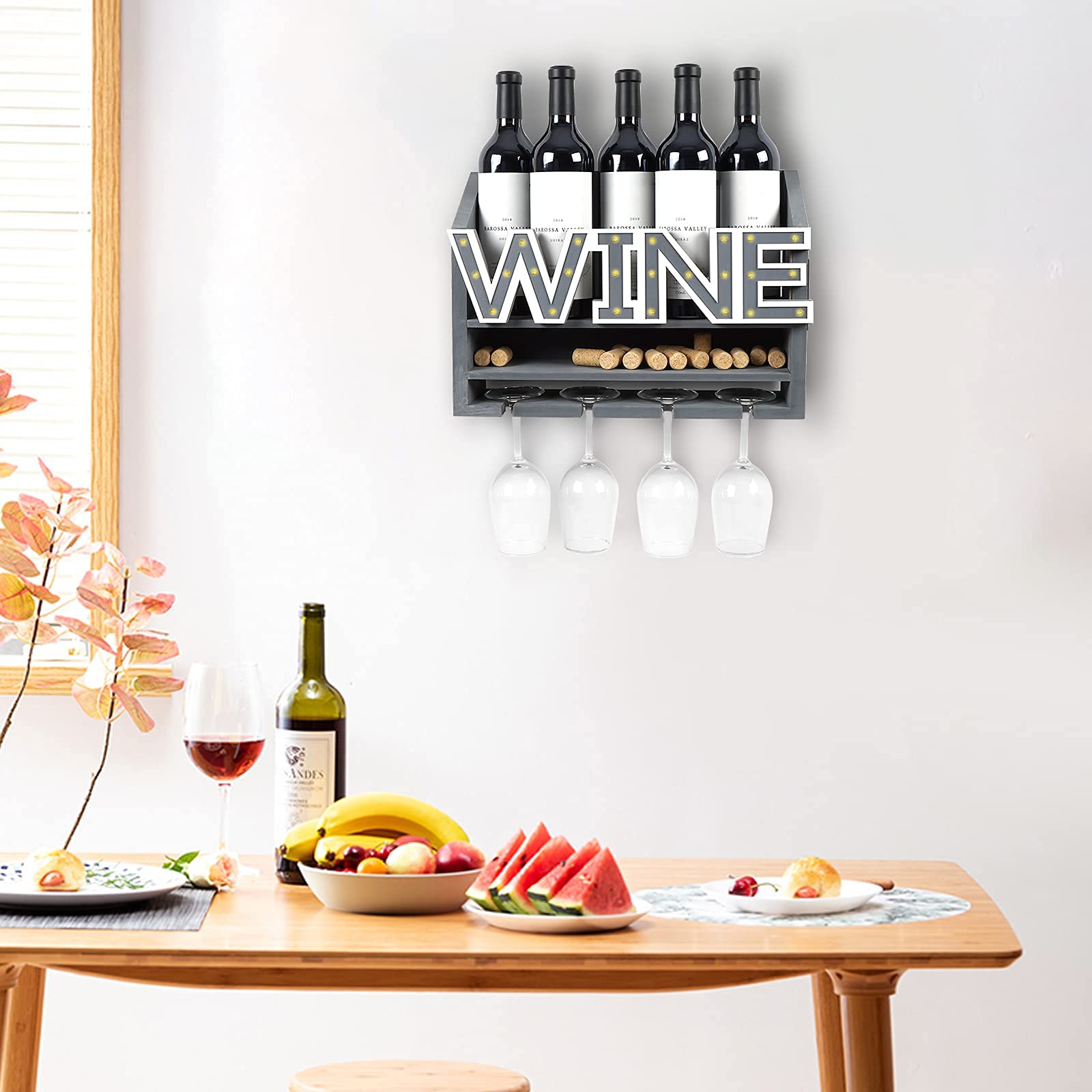 Shikha LED Wooden Wall Mounted Wine Rack and Glass Holder –Rustic Wine Bottle & Glass Holder & Wine Cork Storage Modern Home Decor 5 Bottle and 4 Glass Holder